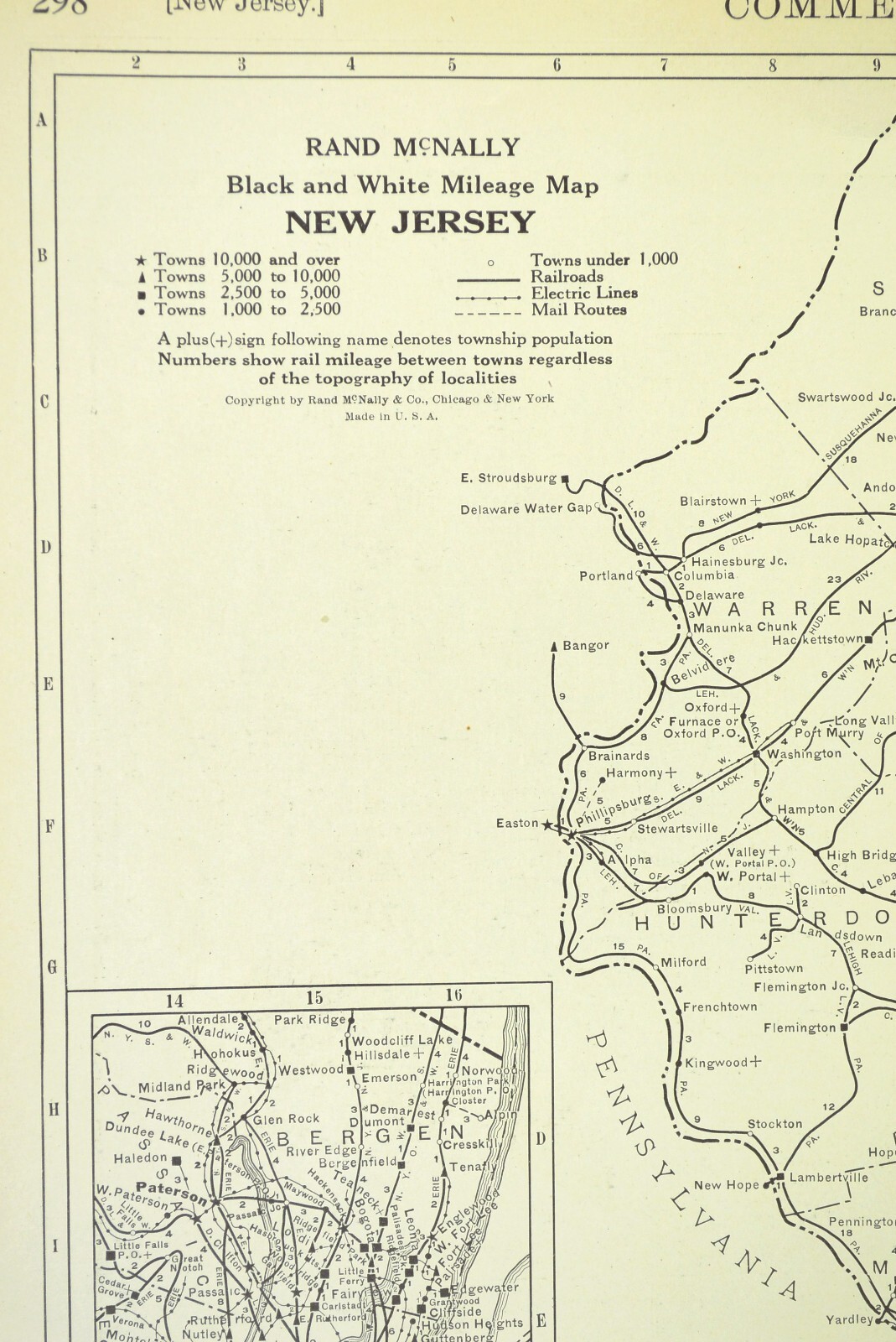 Vintage NEW JERSEY Map Railroad Mileage Wall Art 1920s Trenton Antique ...