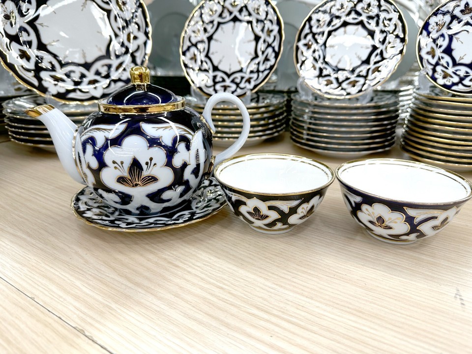 Uzbek Porcelain Tea Set – Handcrafted Cobalt Blue & Gold Cotton Pattern ...