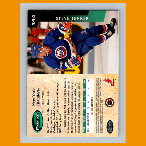 Steve Junker Rookie #394 1993 Parkhurst Emerald Ice New York Islanders ...