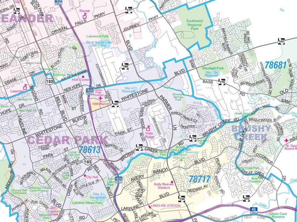 Austin TX Detailed Region w/Zip Codes Wall Map 48"x70" Laminated ...