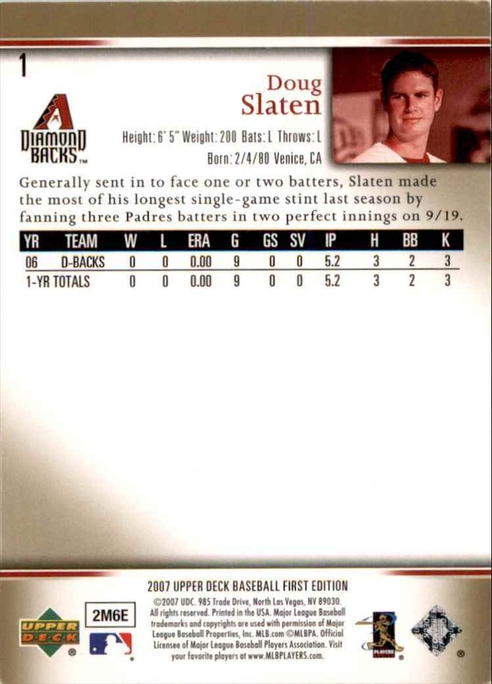 2007 Upper Deck First Edition Doug Slaten Rookie Arizona Diamondbacks ...