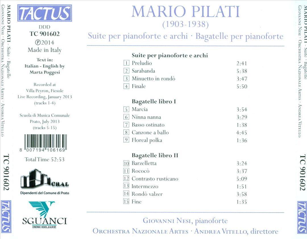 MARIO PILATI: SUITE PER PIANOFORTE E ARCHI; BAGATELLE PER PIANOFORTE ...