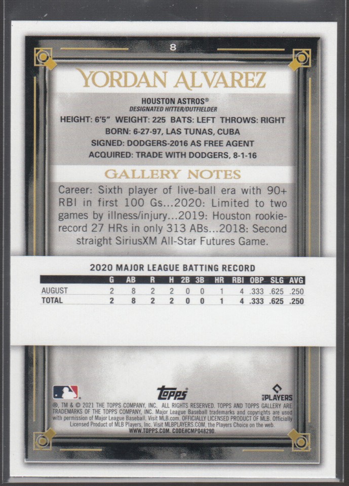 YORDAN ALVAREZ 2021 Topps Gallery #8 Houston Astros | eBay