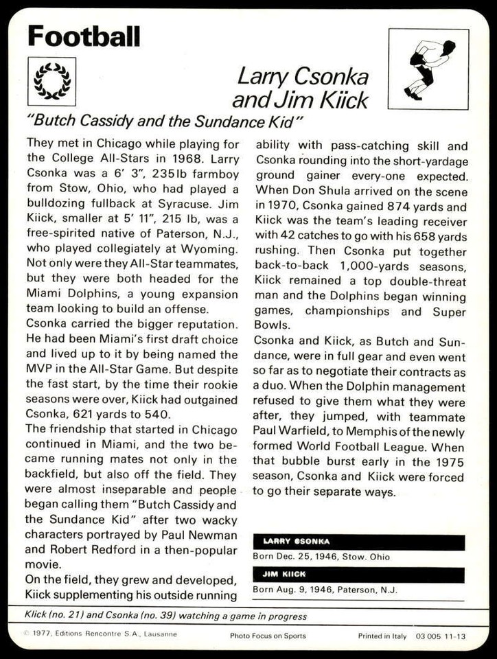 Jim Kiick/Larry Csonka 1977 Sportscaster #1113 ID: 546737 | eBay
