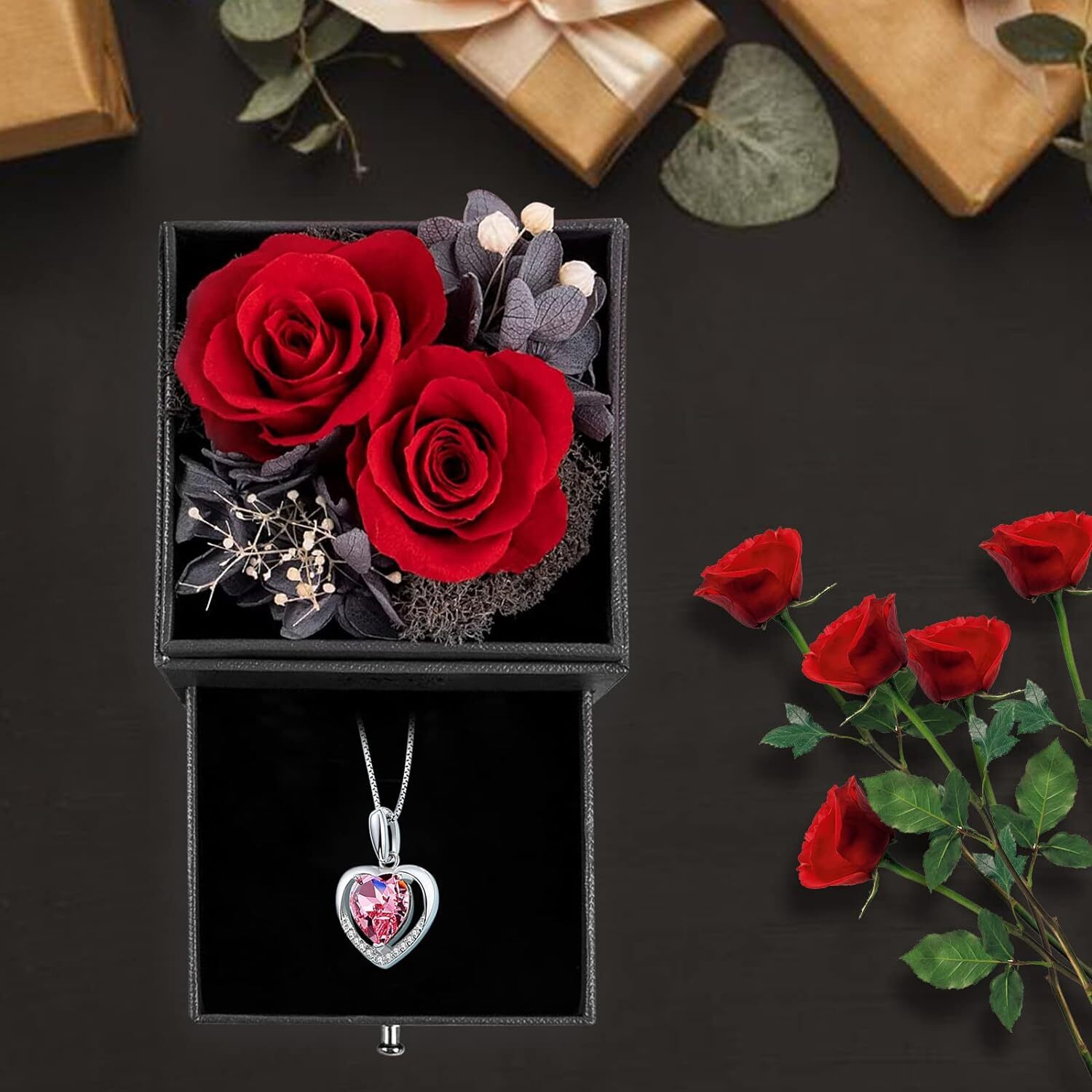 Double Preserved Real Red Rose With Heart Necklace,Gift Box for Women ...