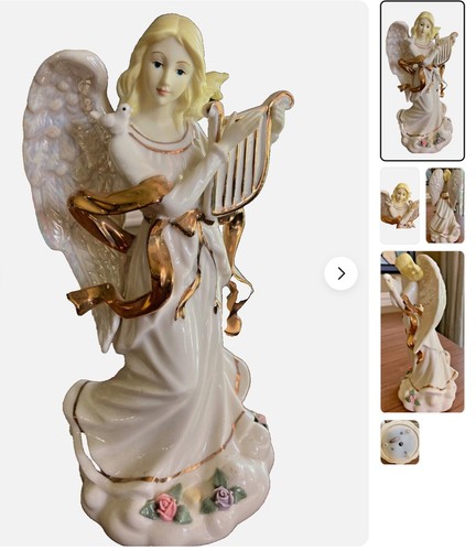 Porcelain Angel wind up music box harp bird roses ribbons 9x4x4 inches ...