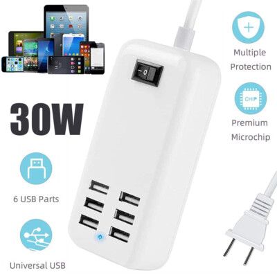 6 Port USB Hub Fast Wall Charger Station Multi-Function Desktop AC ...