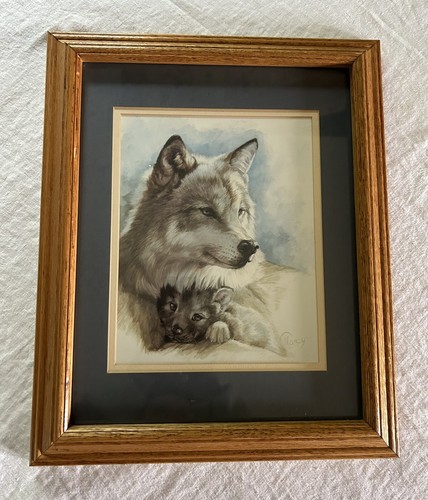 VTG CLANCY CHERRY OAK FRAMED MATTED WOLF ART PRINT WINTER MOTHER LOVE ...