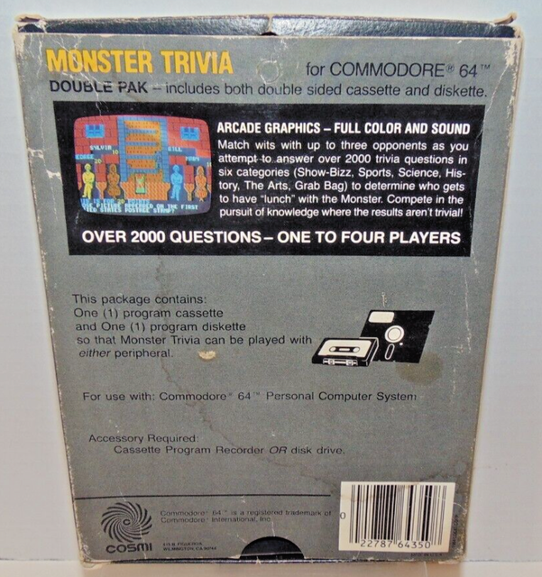MONSTER TRIVIA Commodore 64 Disk & Cassette Cosmi 1985. in Shrink Wrap ...