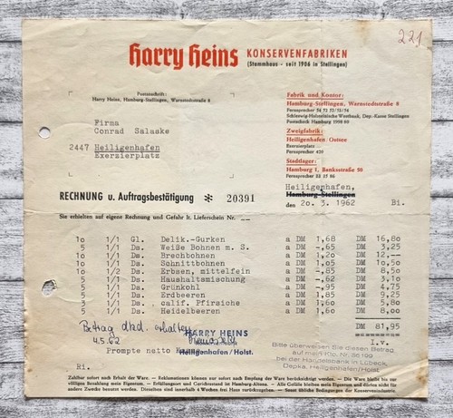1962 Harry Heins Konservenfabrik Hamburg Stellingen Rechnung Salaske ...
