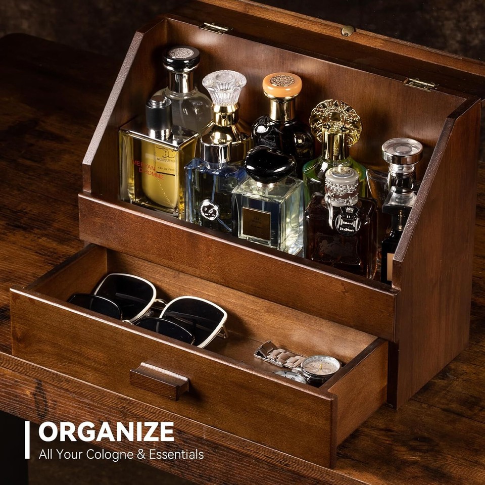 Cologne Organizer for Men, Wood Perfume Storage with Drawer walnut | eBay