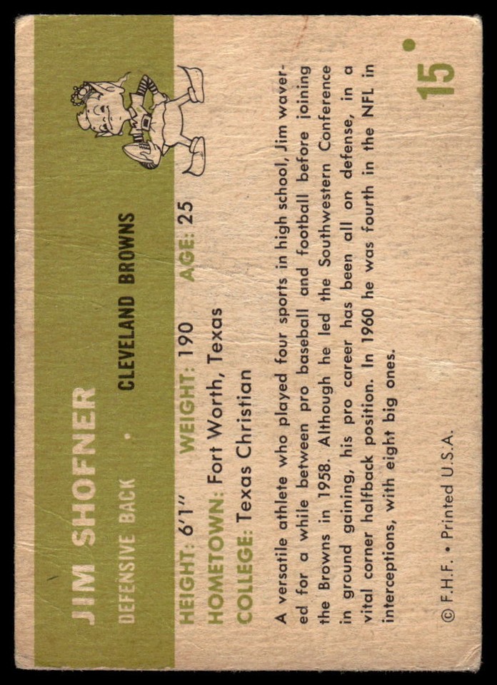 1961 Fleer Jim Shofner #15 Cleveland Browns Football Card | eBay