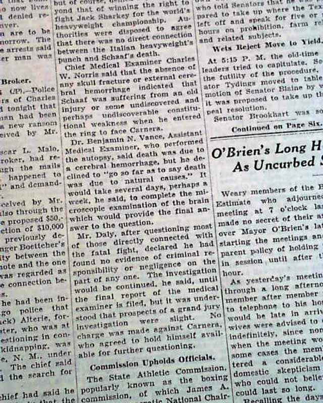 ERNIE SCHAAF Heavyweight Boxing Primo Carnera Knockout DEATH 1933 Old ...