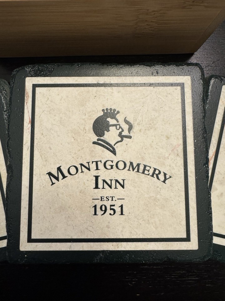 Montgomery Inn BBQ Cincinnati Stone Coasters Set Of 3 In Bamboo Holder ...
