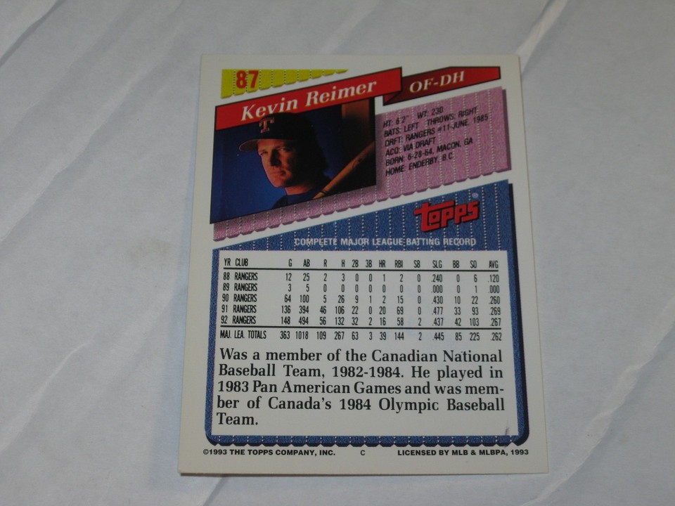 Kevin Reimer Autographed Topps Baseball Card | eBay