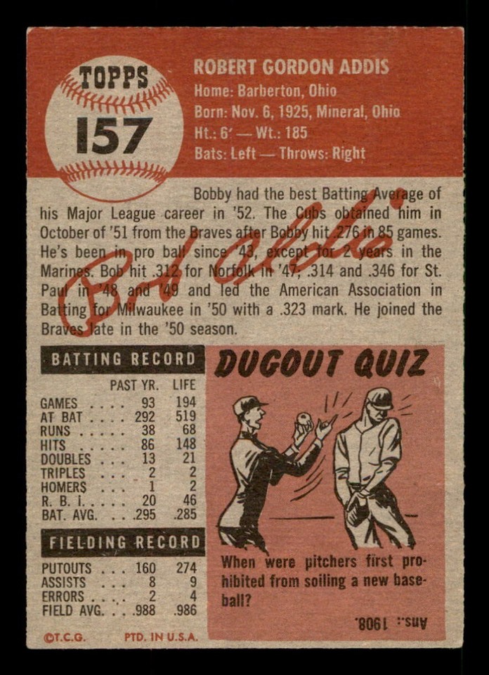 1953 Topps Baseball #157 Bob Addis EX *h1 | eBay