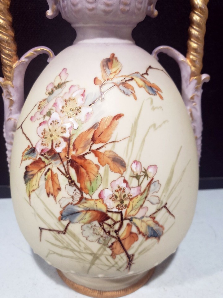 EARLY ANTIQUE LARGE ROYAL WORCESTER VASE HAND PAINTED BRAIDED HANDLES ...