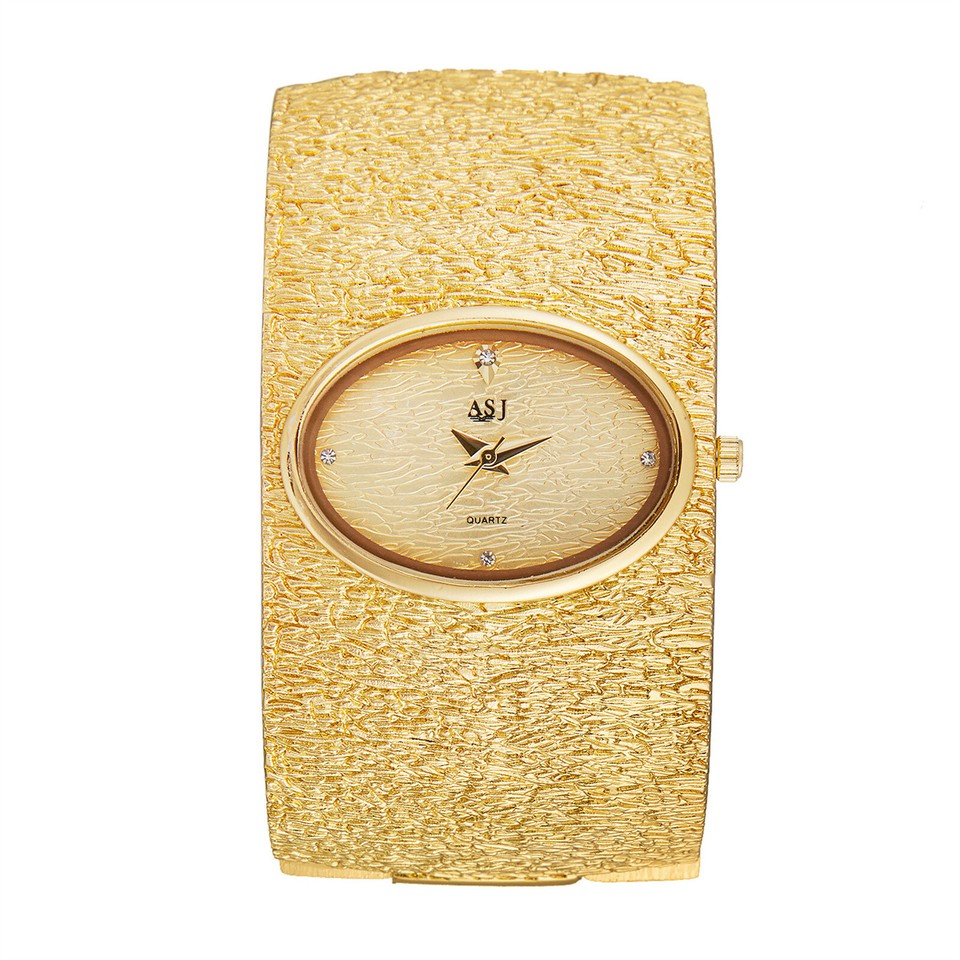 Womens Luxury Gold Chunky Oval Quartz Wrist Watch Wide Bangle Cuff Open ...
