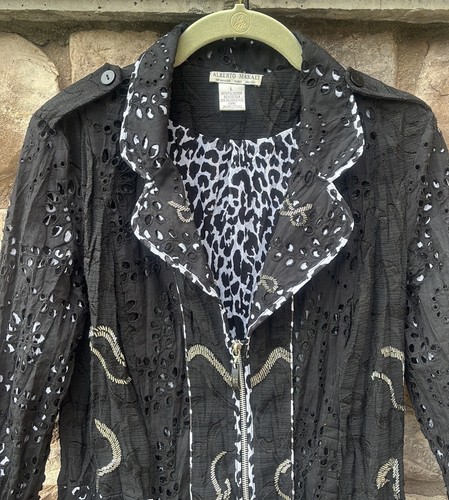 Alberto Makali Black Eyelet Jacket Animal Print Beaded Zip Up Size ...