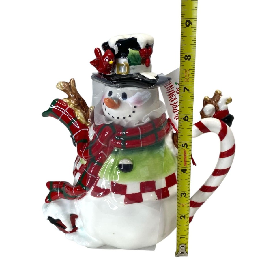 Peppermint Square Corner Ruby Snowman Candy Cane Ceramic Teapot ...