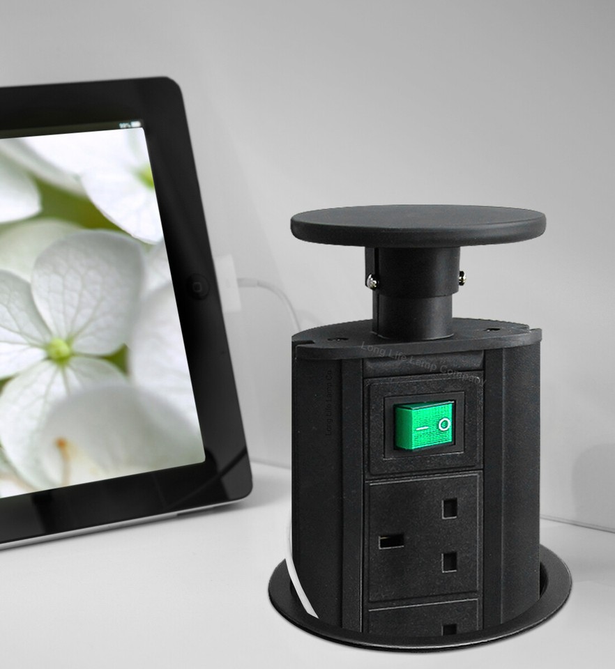 POP UP Power Tower 3 Socket 2 USB with Safety Switch Silver/Stainless ...