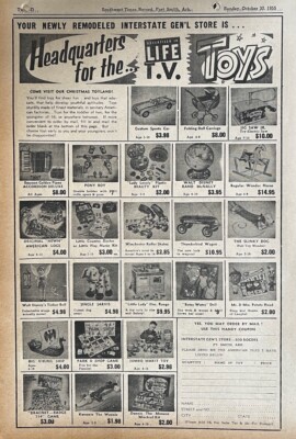 1955 newspaper ad for Toys - Dragnet game, Jingle Jarvis, Betsy Wetsy ...