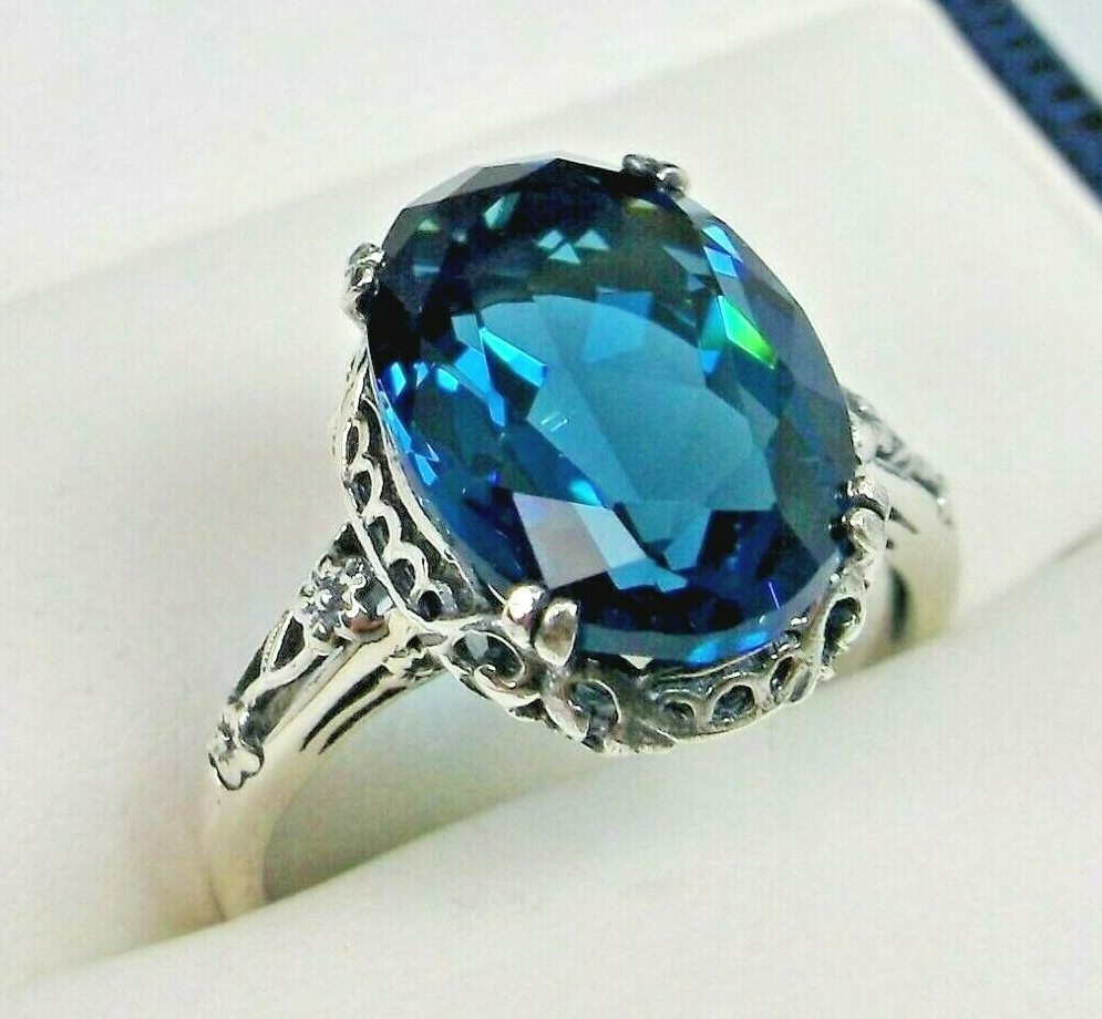 London Blue Oval 6ct Simulated Gem Ring Sterling Silver Filigree ...