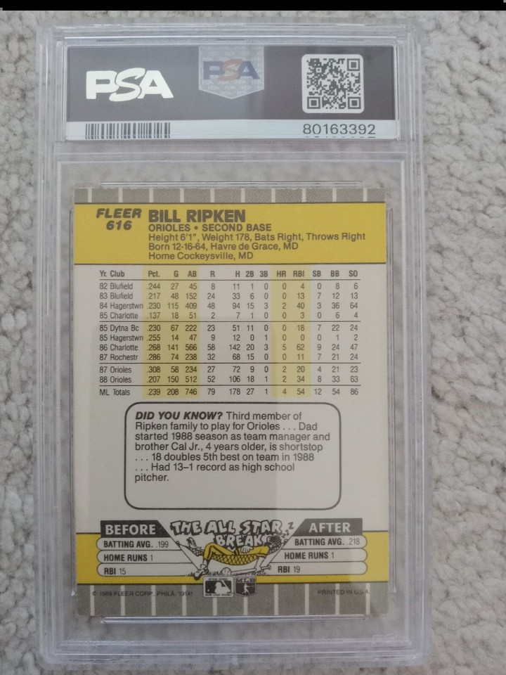 PSA 8 NM-MT Bill Ripken 1989 Fleer #616 Rookie Card FF Error F*$K Face ...