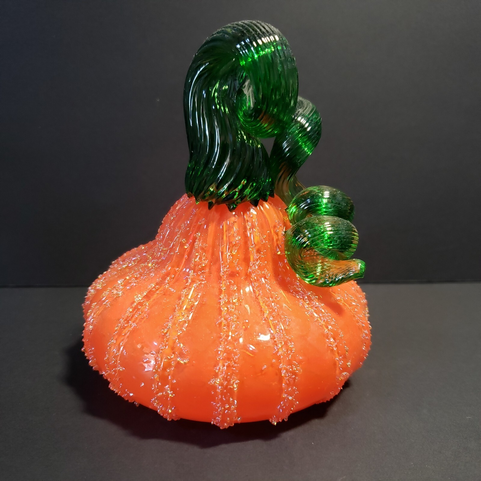 TGS Art Glass Pumpkin Gourd with Frit Orange Green Curly Stem Autumn ...