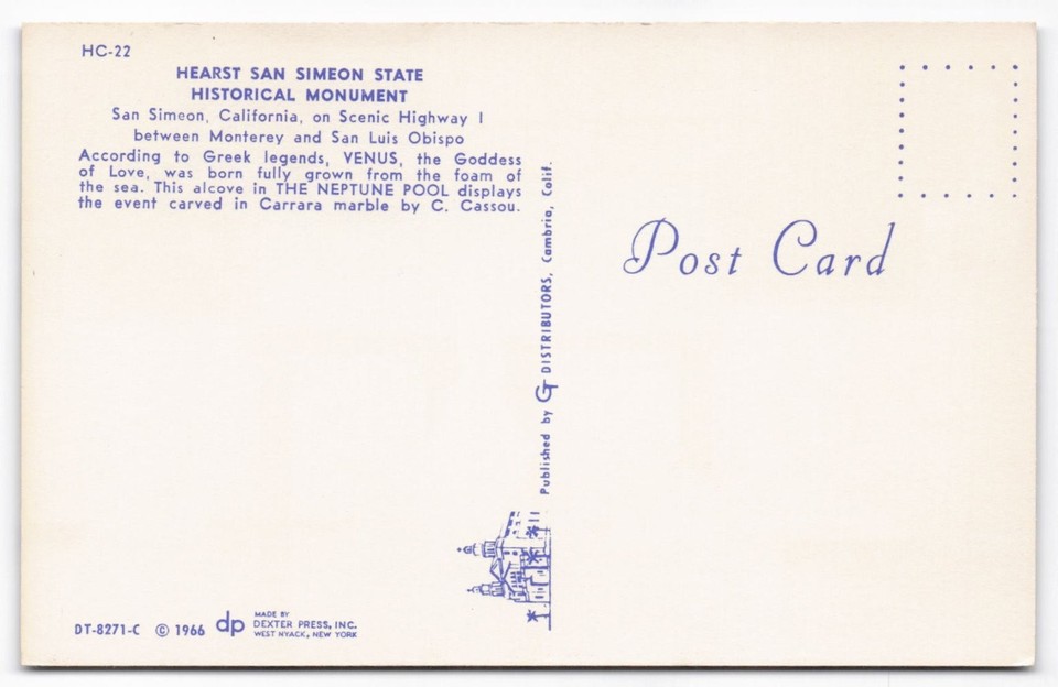 1966 Hearst Castle Neptune Pool Venus Statue Postcard San Simeon ...