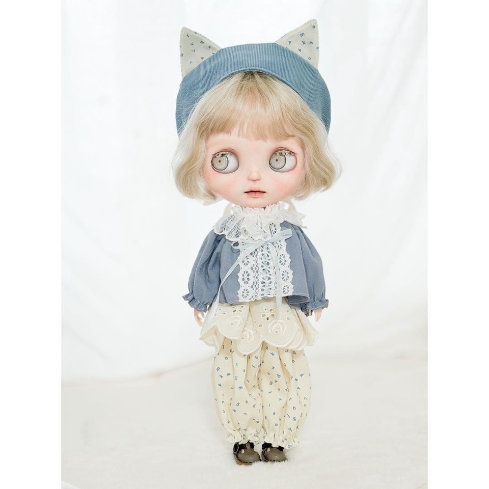 Neo Blythe Doll Clothes Shadow Cat Outfit 8cm Blue Beige Antique Style ...