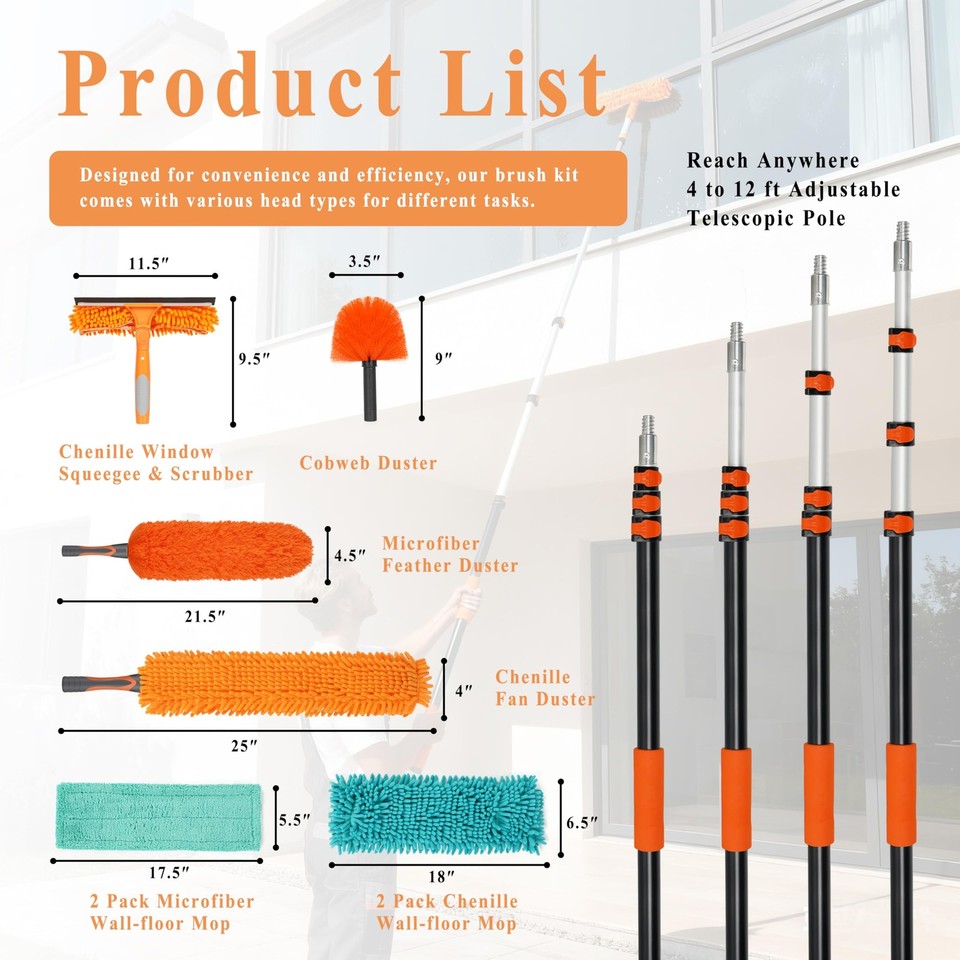 20ft High Ceiling Duster Kit with 4-12ft Heavy-Duty Extension Pole ...