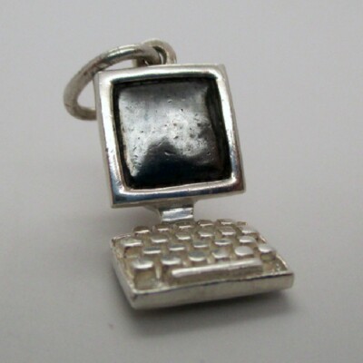 Sterling Silver COMPUTER Charm for Bracelet VINTAGE Desktop RETRO TECH ...