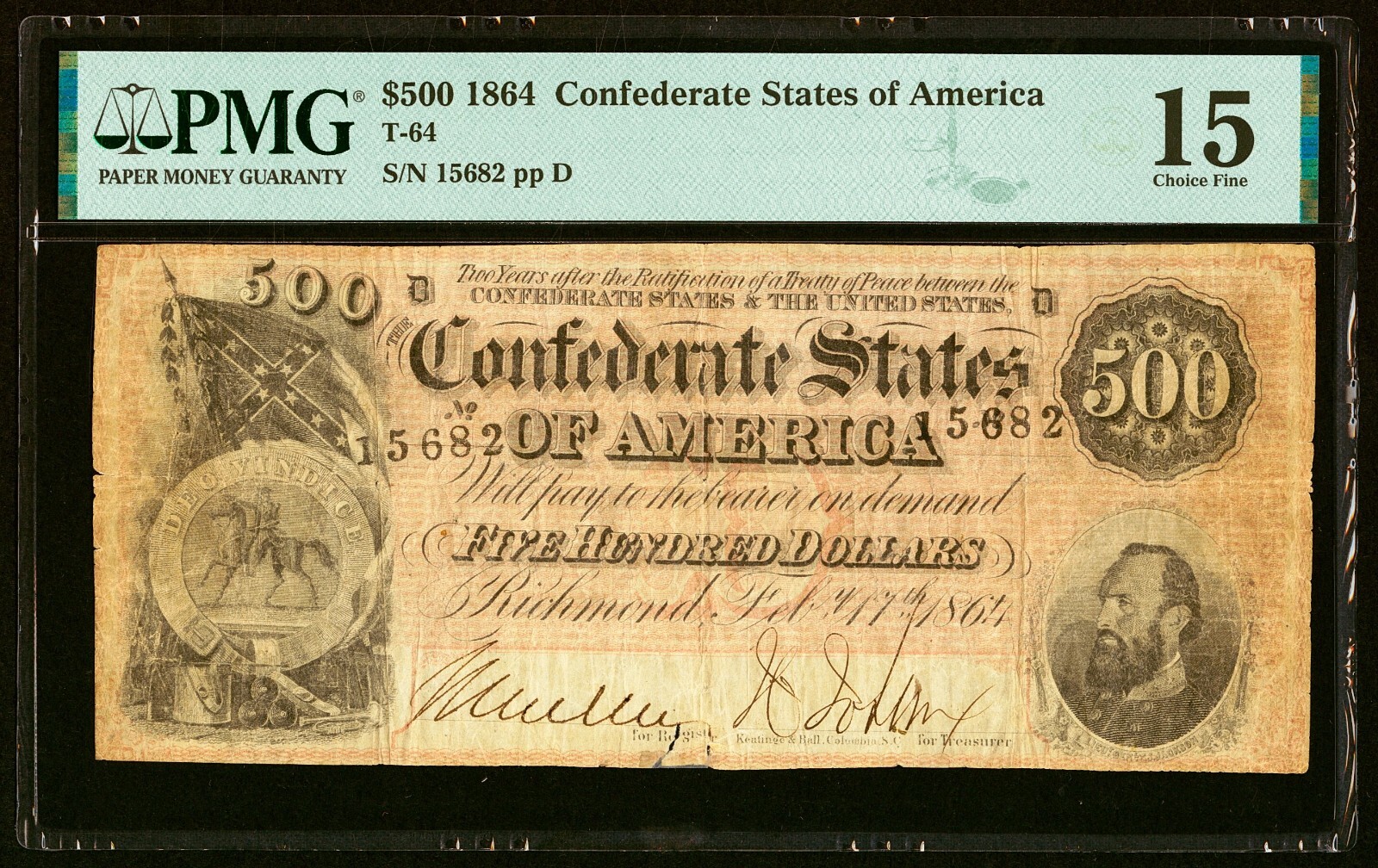 1864 $500 Confederate States of America T-64 - PMG 15! HIGH ...