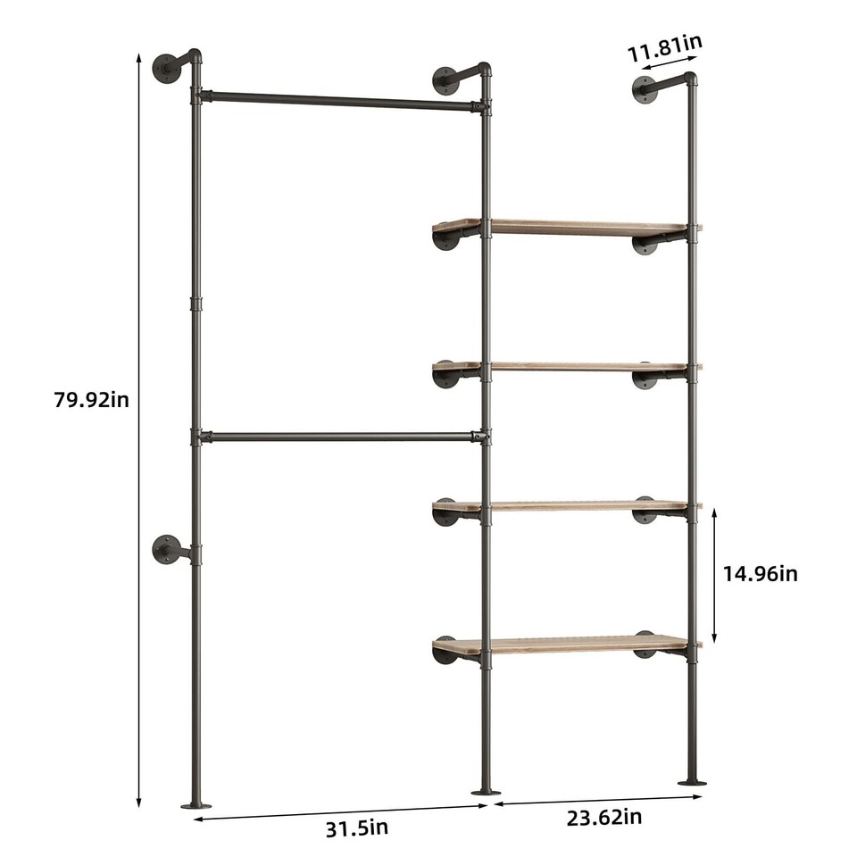 Industrial Pipe Clothing Rack, Hanging Rods Clothes Rack with Shelves ...