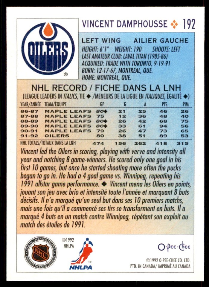 1992-93 O-Pee-Chee Vincent Damphousse . Edmonton Oilers #192 | eBay