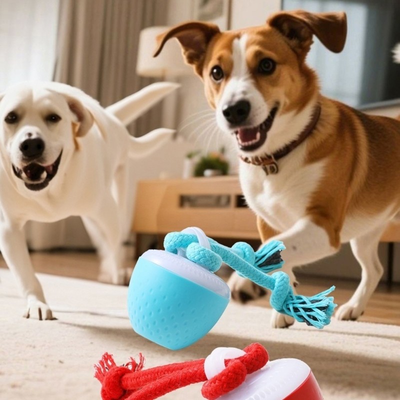 Stress Reduce Dog Toy Ball Automatic Interaction Squeaky Chewable Rope ...