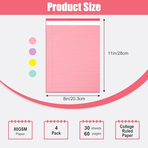 4 Pack Colored Legal Pads Writing Pads 8x11 Inch, 80GSM Thick Paper ...
