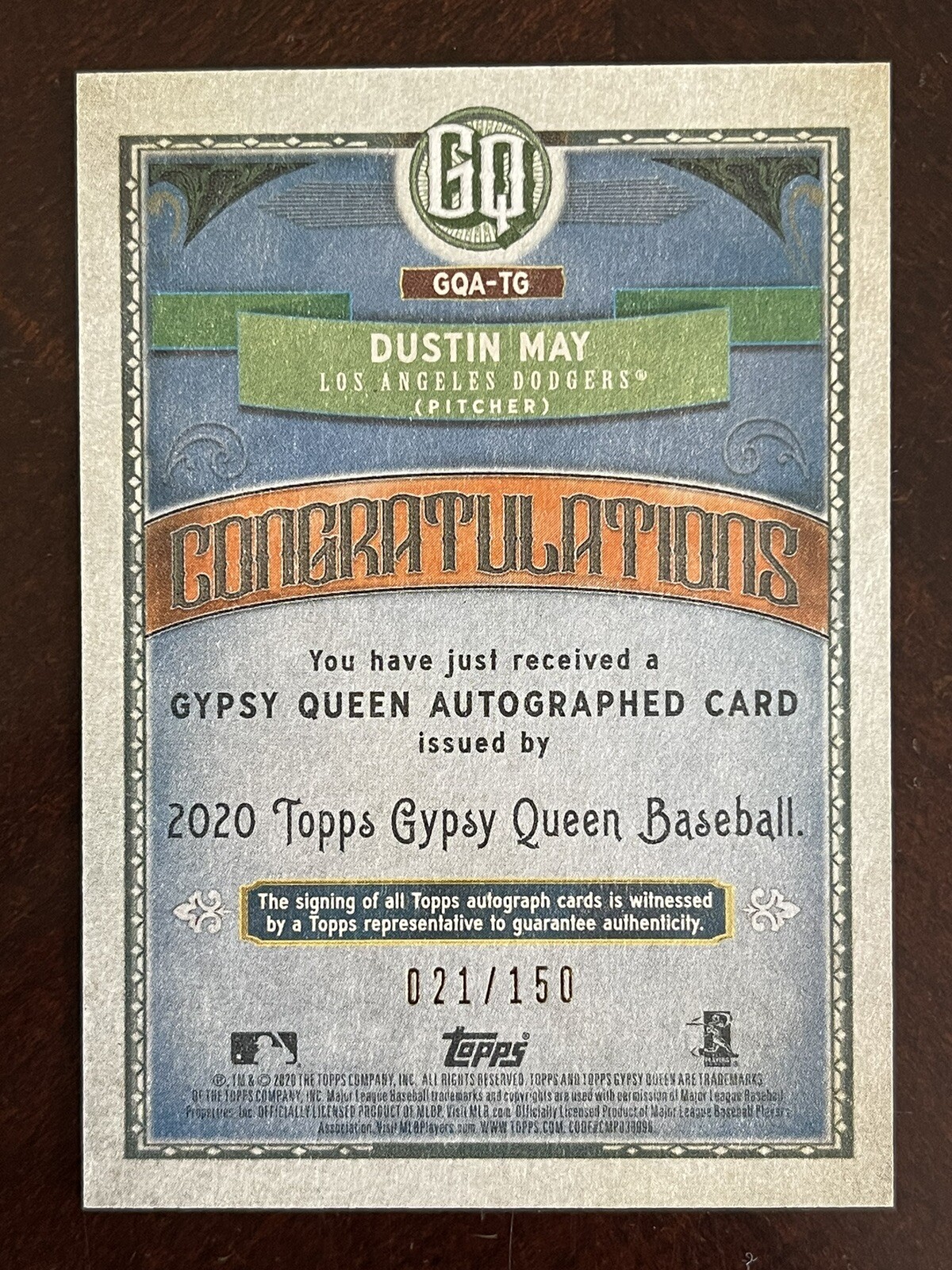 2020 Topps Gypsy Queen Dustin May Rookie RC Auto Blue Parallel /150 # ...