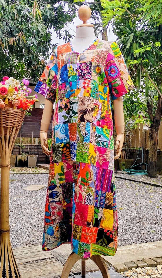 Handmade Boho A-Line Dress, V-Neck Button Front, Patchwork Cotton by Thai Women | eBay