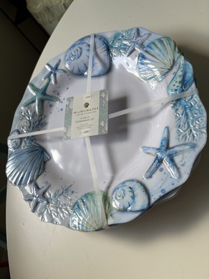 Wind & Water Coastal Melamine Dinner Plates Seashells Beach Blue Set of ...
