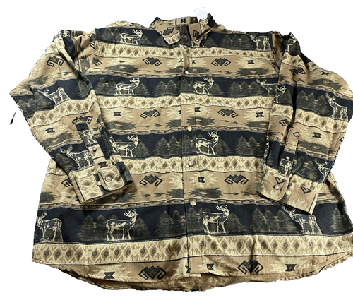 VTG NWT Button Aztec Deer Thick Stripe Brown Cabin Outdoors Long AOP ...