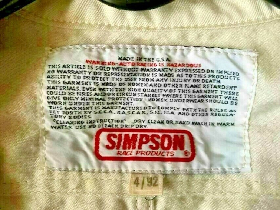 Simpson Rick Neale Goodyear racing coveralls jumpsuit NASCAR size 4/92 ...