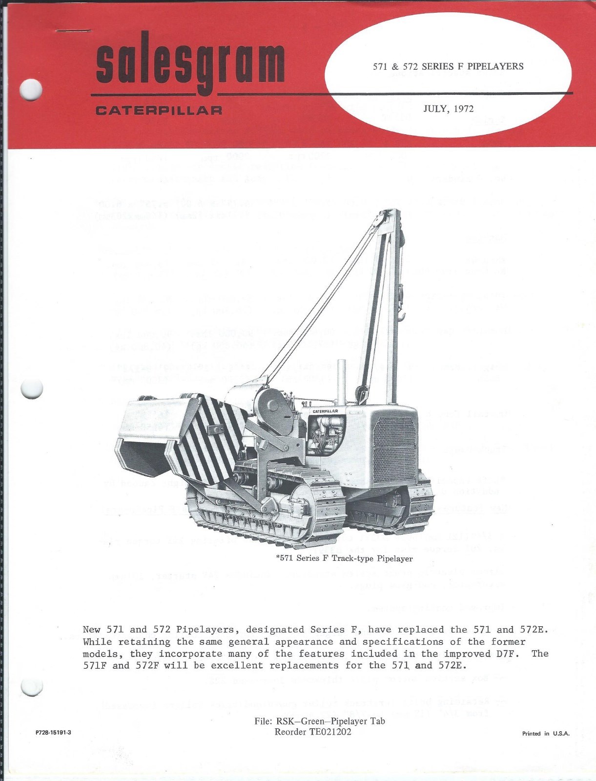 Equipment Brochure Salesgram - Caterpillar - 571F 572F Pipelayer - 1972 ...