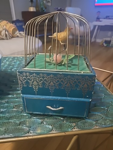 Vtg Swinging Bird In A Cage Music Box w/ Wood Jewelry Drawers-Working ...