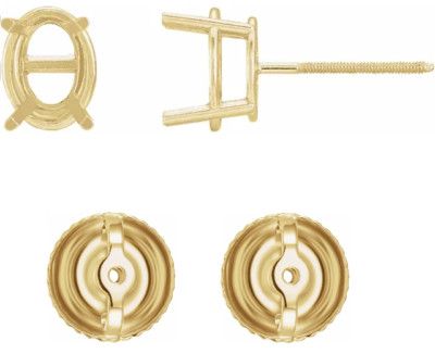 Pair 14K Yellow Gold Oval Stud Earring Settings Threaded Screw Back ...