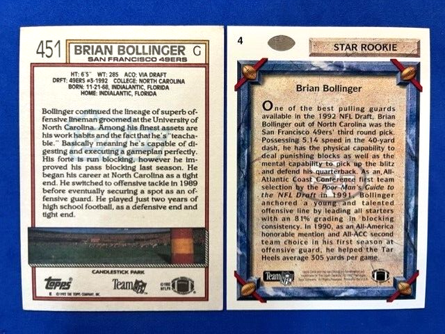 NFL - Brian Bollinger 1992 Topps Draft Pick RC & 1992 Upper Deck Star ...