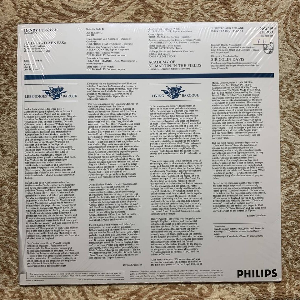 Lp Ranphilips 9502 116 Purcell Opera Dido And Eneas Colin Davis | eBay