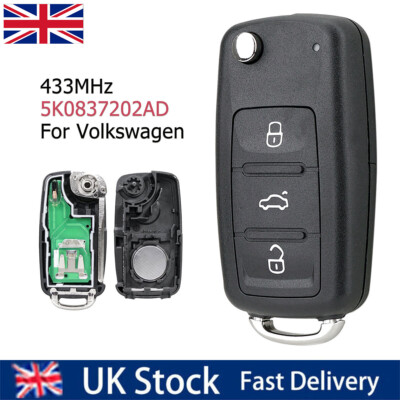 433MHz Flip Remote 3 Button Key Fob ID48 For VW Golf Mk6 Caddy Polo ...