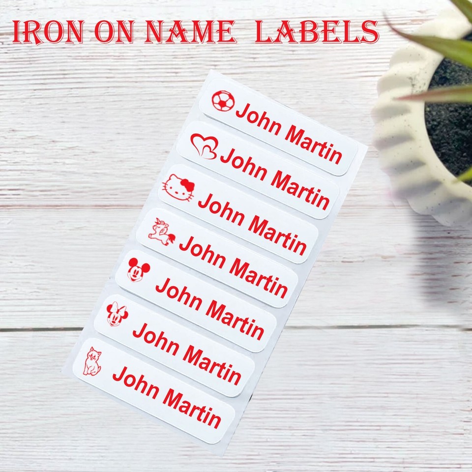 10 Name Labels Printed Personalised Iron-On Tags School Clothes Uniform ...